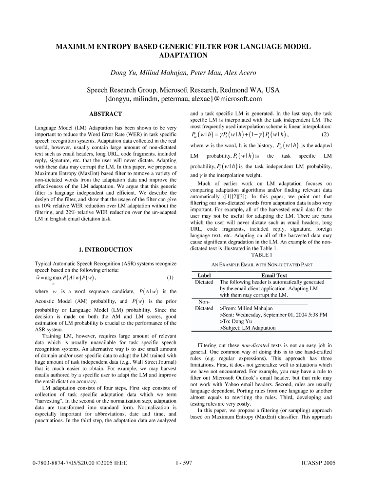 Maximum Entropy Based Generic Filter For Language Model Adaptation Ieee Conference Publication