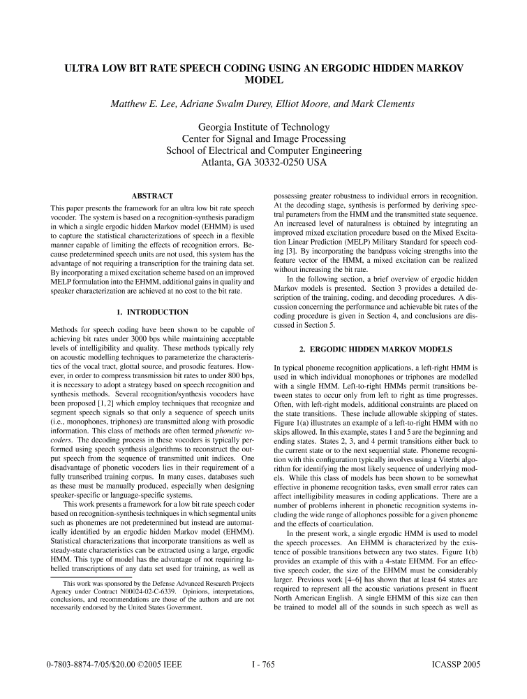Ultra low bit rate speech coding using an ergodic hidden Markov model | IEEE Conference ...