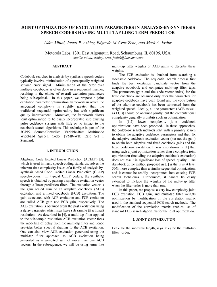 Joint optimization of excitation parameters in analysis-by-synthesis speech coders having multi ...