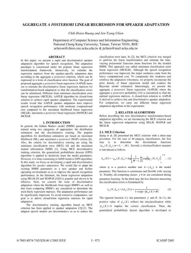 Aggregate a posteriori linear regression for speaker adaptation | IEEE Conference Publication ...