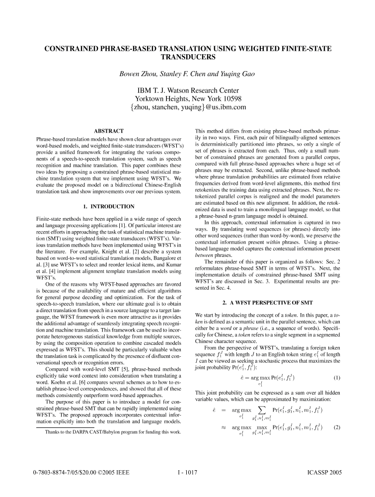 Constrained phrase-based translation using weighted finite-state transducers | IEEE Conference ...