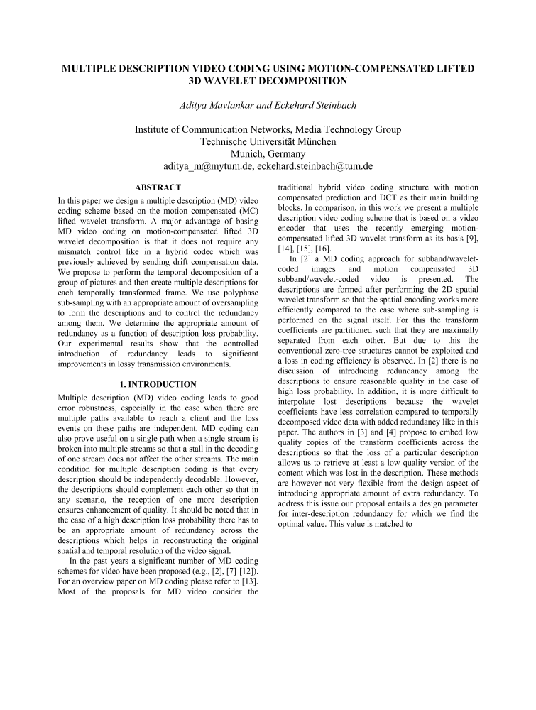 Multiple description video coding using motion-compensated lifted 3D wavelet decomposition ...