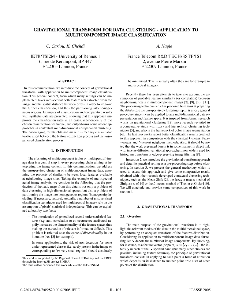 Gravitational transform for data clustering - application to multicomponent image classification ...