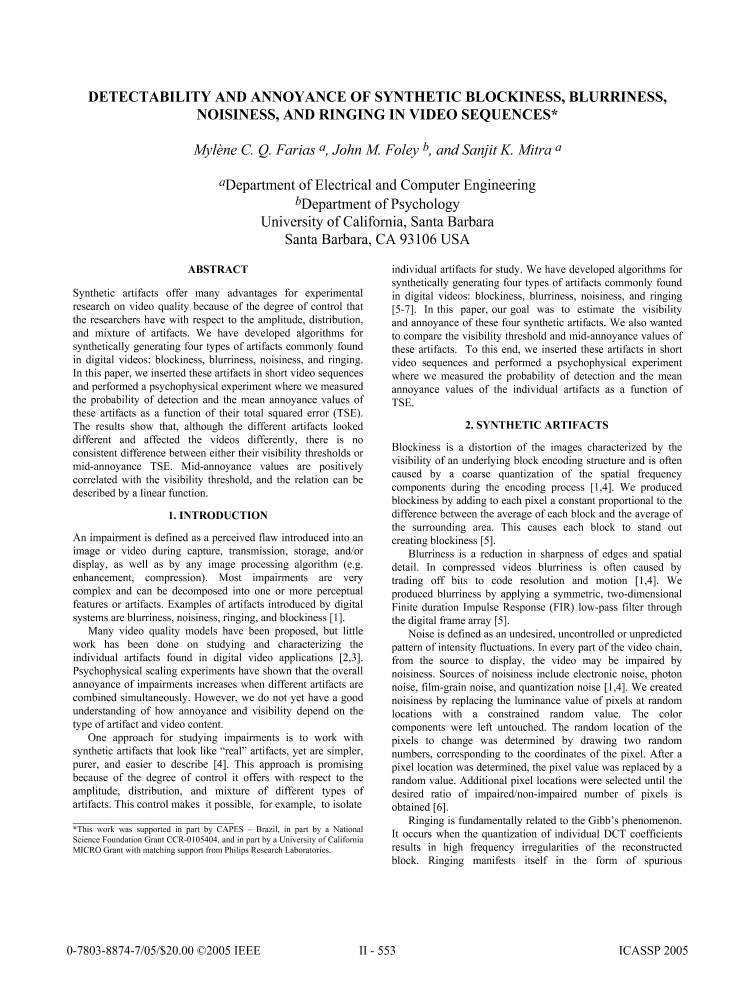 Detectability and annoyance of synthetic blockiness, blurriness ...