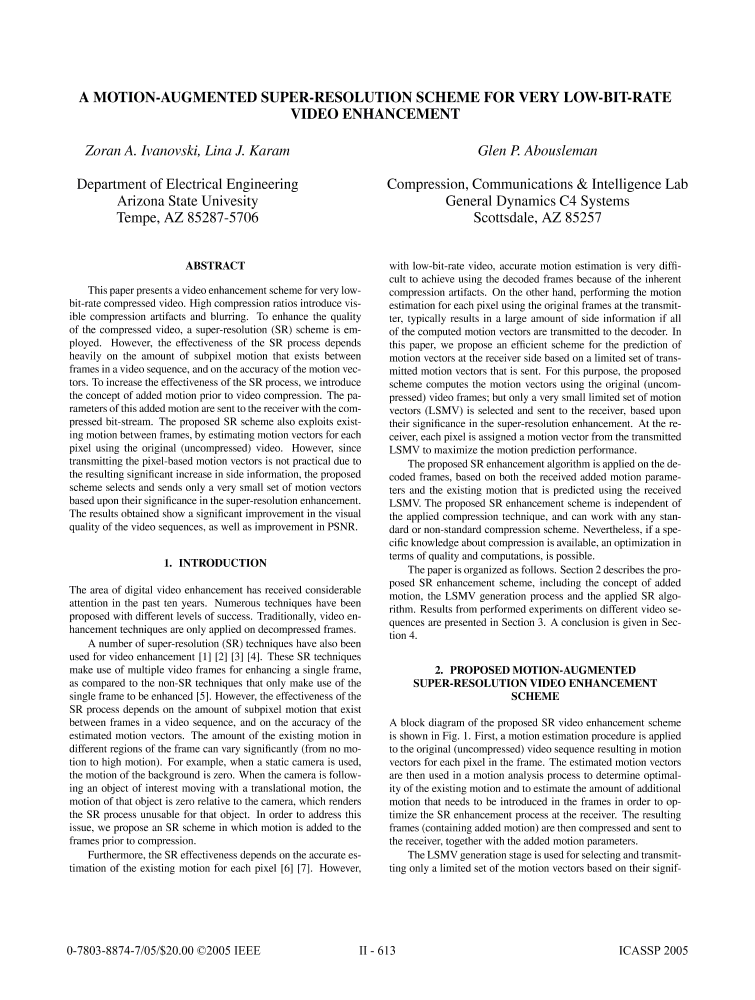 A motion-augmented super-resolution scheme for very low-bit-rate video enhancement | IEEE ...