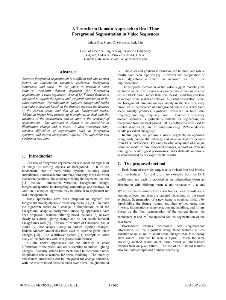 A transform domain approach to real-time foreground segmentation in ...