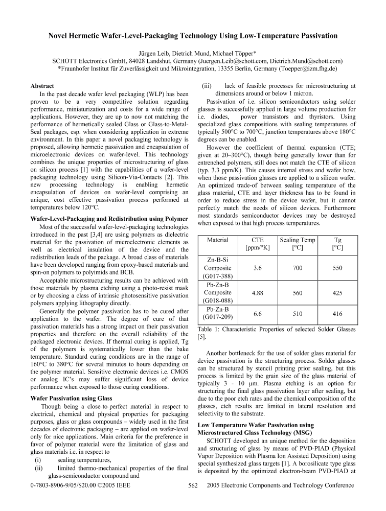 Novel Hermetic Wafer-Level-Packaging Technology using Low-Temperature ...