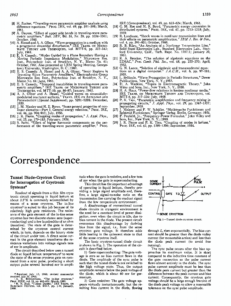 Tunnel diode-cryotron circuit for interrogation of cryotronic systems ...