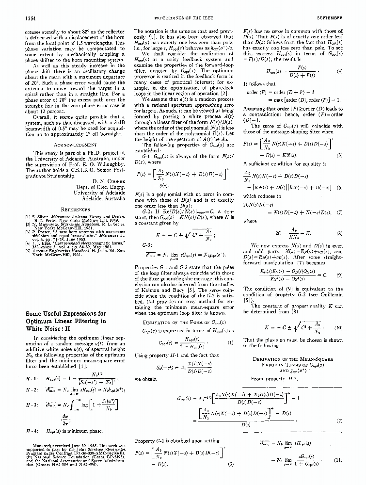 Some useful expressions for optimum linear filtering in white noise: II ...