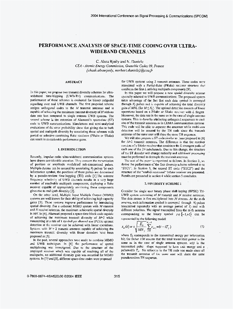 Performance analysis of space-time coding over ultra wideband channels | IEEE Conference ...