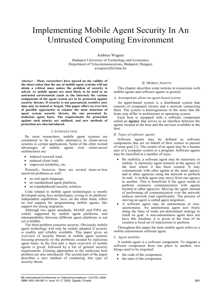 Implementing mobile agent security in an untrusted computing ...