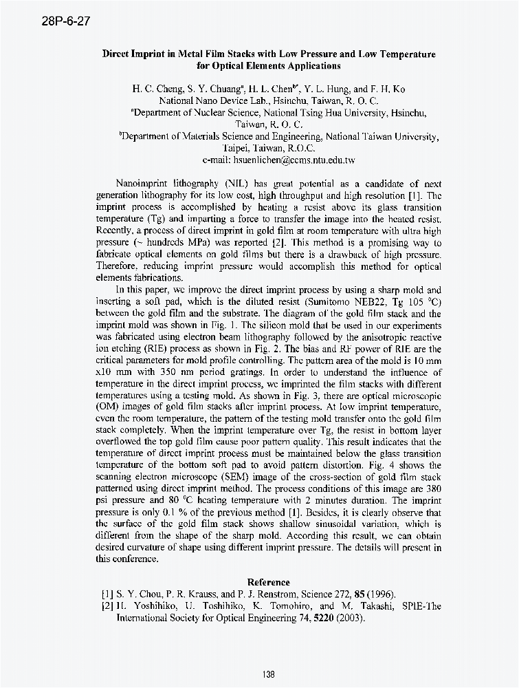 Direct imprint in metal film stacks with low pressure and low ...