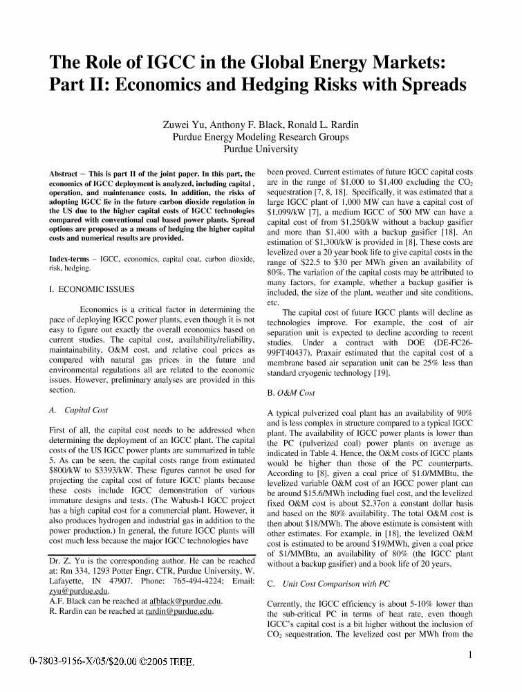 The role of IGCC in the global energy markets: part II: economics and ...