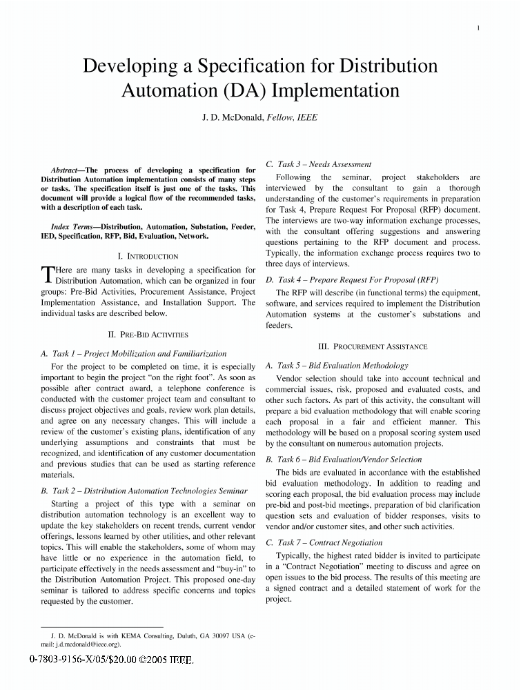 Developing A Specification For Distribution Automation Da Implementation Ieee Conference
