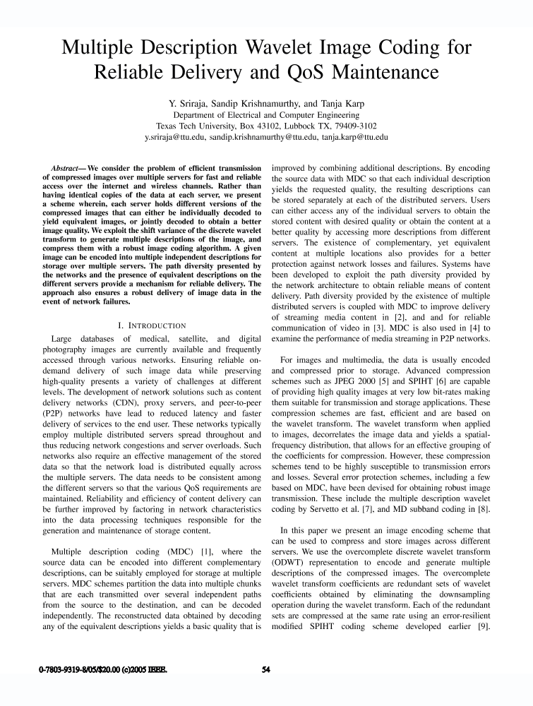 Multiple Description Wavelet Image Coding For Reliable Delivery And Qos Maintenance Ieee