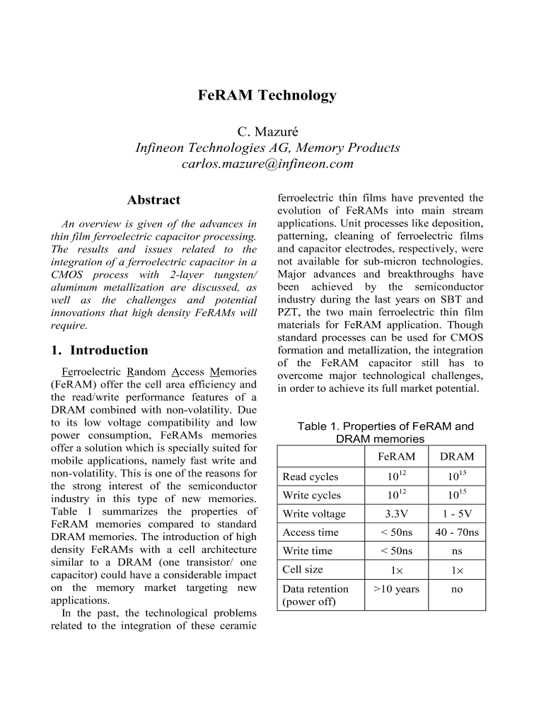 FeRAM Technology | IEEE Conference Publication | IEEE Xplore