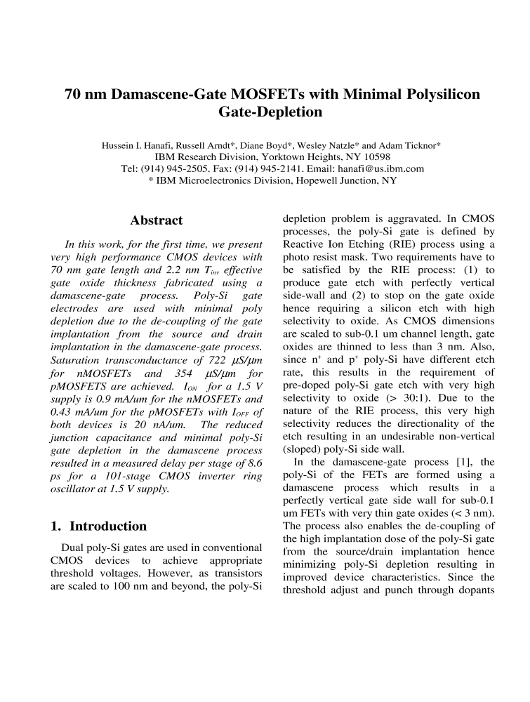 70 nm Damascene-Gate MOSFETs with Minimal Polysilicon Gate-Depletion ...