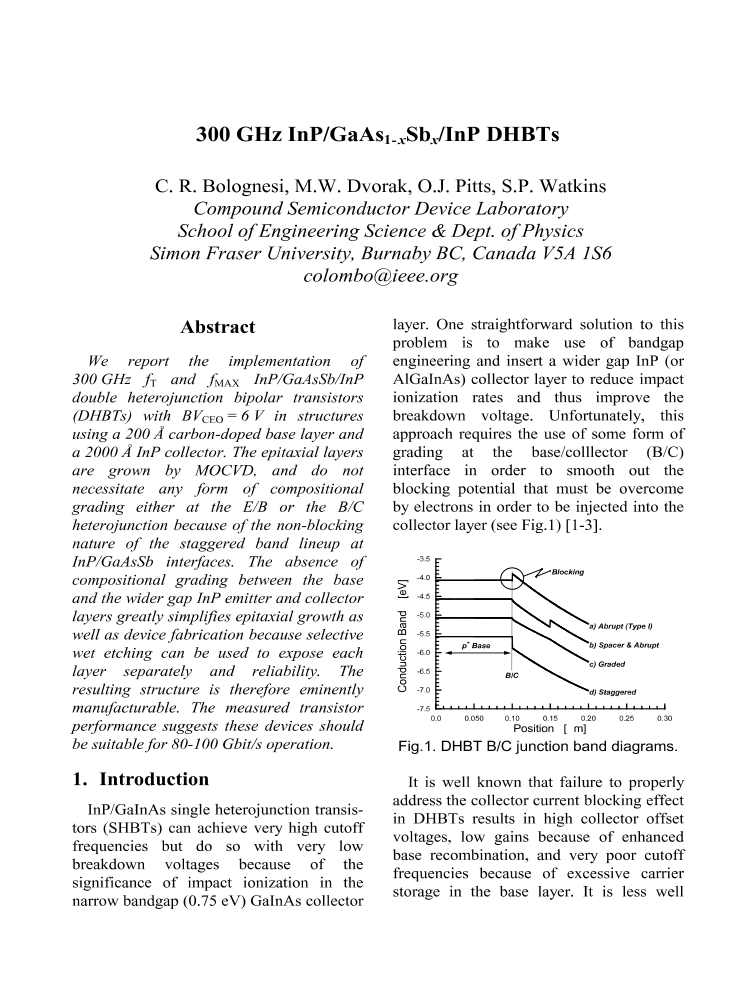 300 GHz InP/GaAs(1-x)Sb(x)/InP DHBTs | IEEE Conference Publication ...