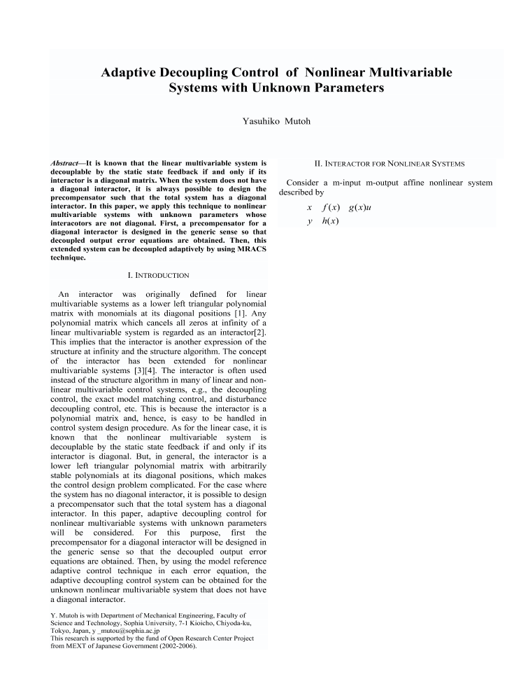 Adaptive Decoupling Control Of Nonlinear Multivariable Systems With Unknown Parameters Ieee