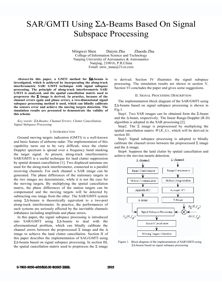 SAR/GMTI using /spl Sigma//spl Delta/-beams based on signal subspace processing | IEEE ...