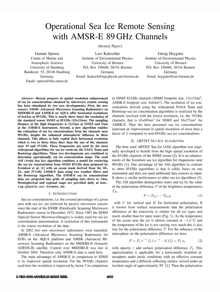 Operational sea ice remote sensing with AMSR-E 89 GHz channels | IEEE ...