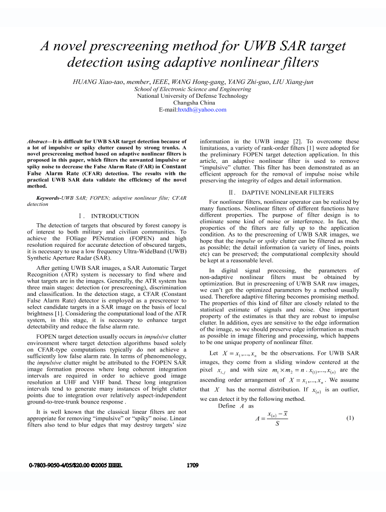 A novel prescreening method for UWB SAR target detection using adaptive nonlinear filters | IEEE ...