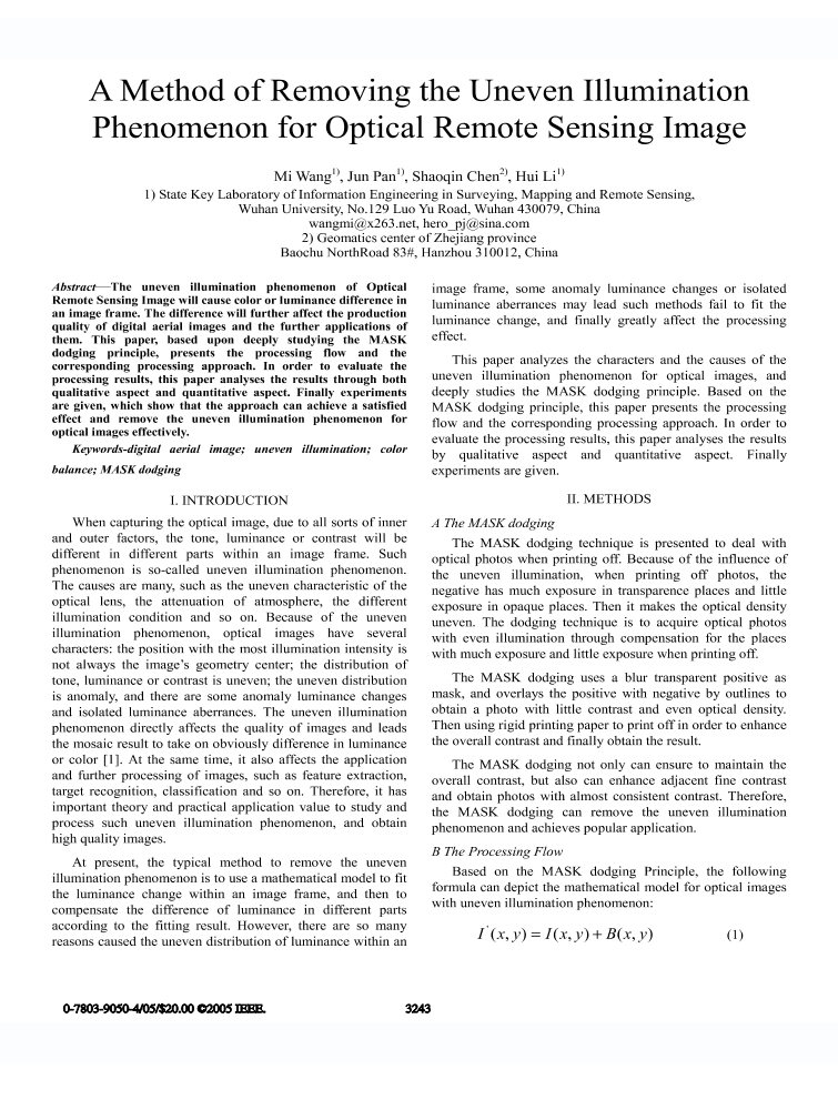A Method Of Removing The Uneven Illumination Phenomenon For Optical Remote Sensing Image Ieee