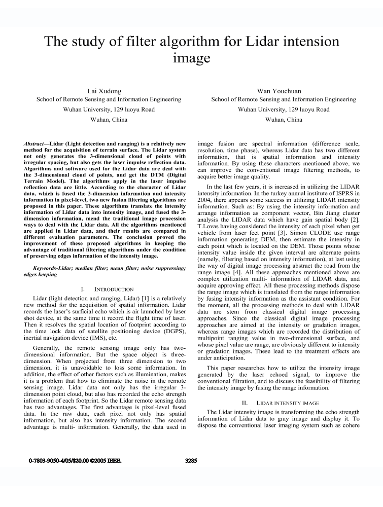 The study of filter algorithm for Lidar intension image | IEEE ...