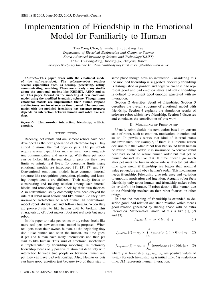 Implementation of Friendship in the Emotional Model for Familiarity to ...