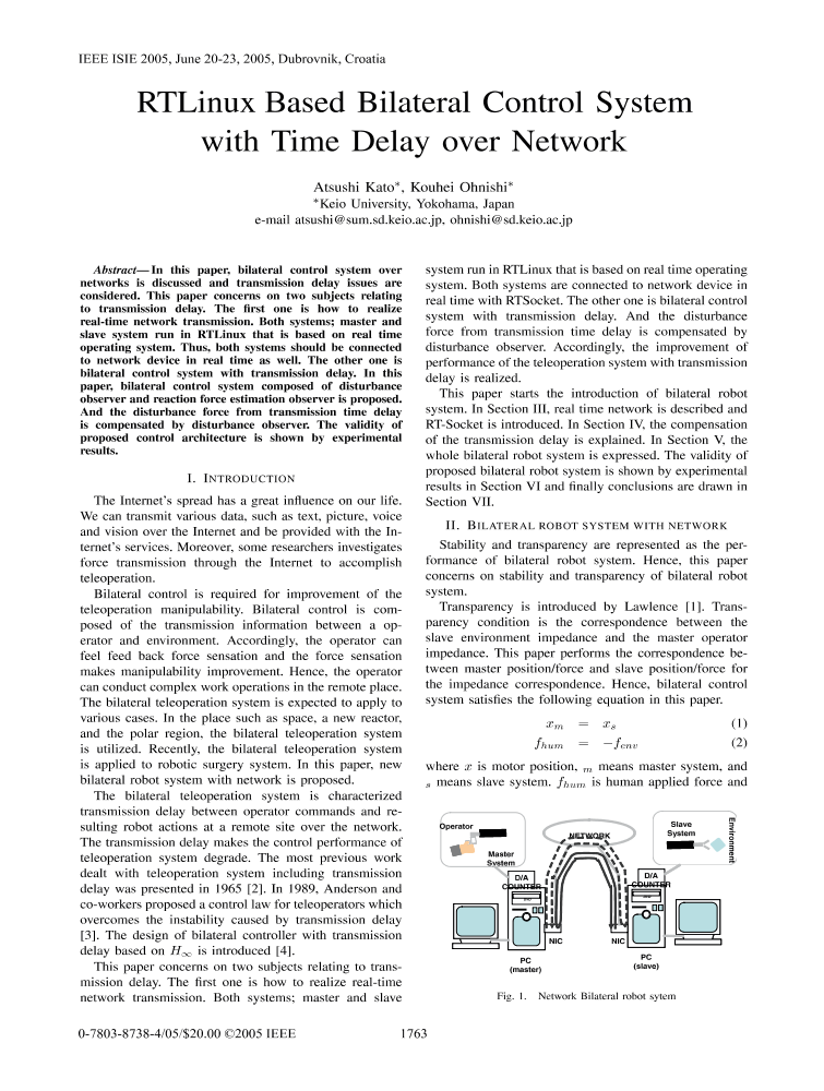 RTLinux Based Bilateral Control System with Time Delay over Network | IEEE Conference ...