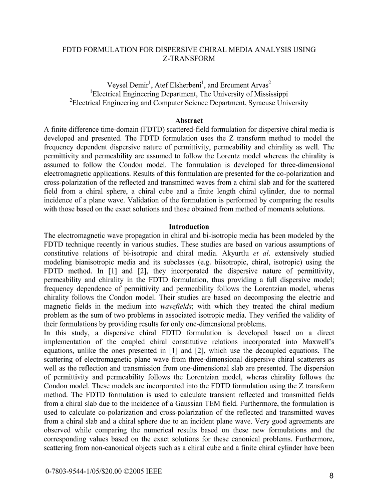 Fdtd Formulation For Dispersive Chiral Media Analysis Using Z Transform Ieee Conference