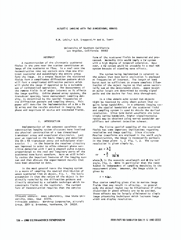 Acoustic Imaging with Two Dimensional Arrays | IEEE Conference ...