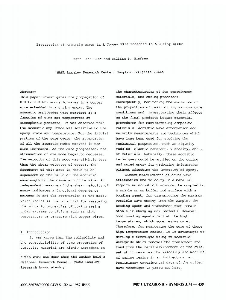 Propagation of Acoustic Waves in a Copper Wire Embedded in a Curing ...