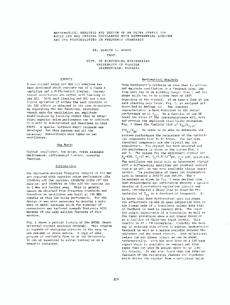 Mathematical Analysis and Design of an Ultra Stable Low Noise 100 MHz ...