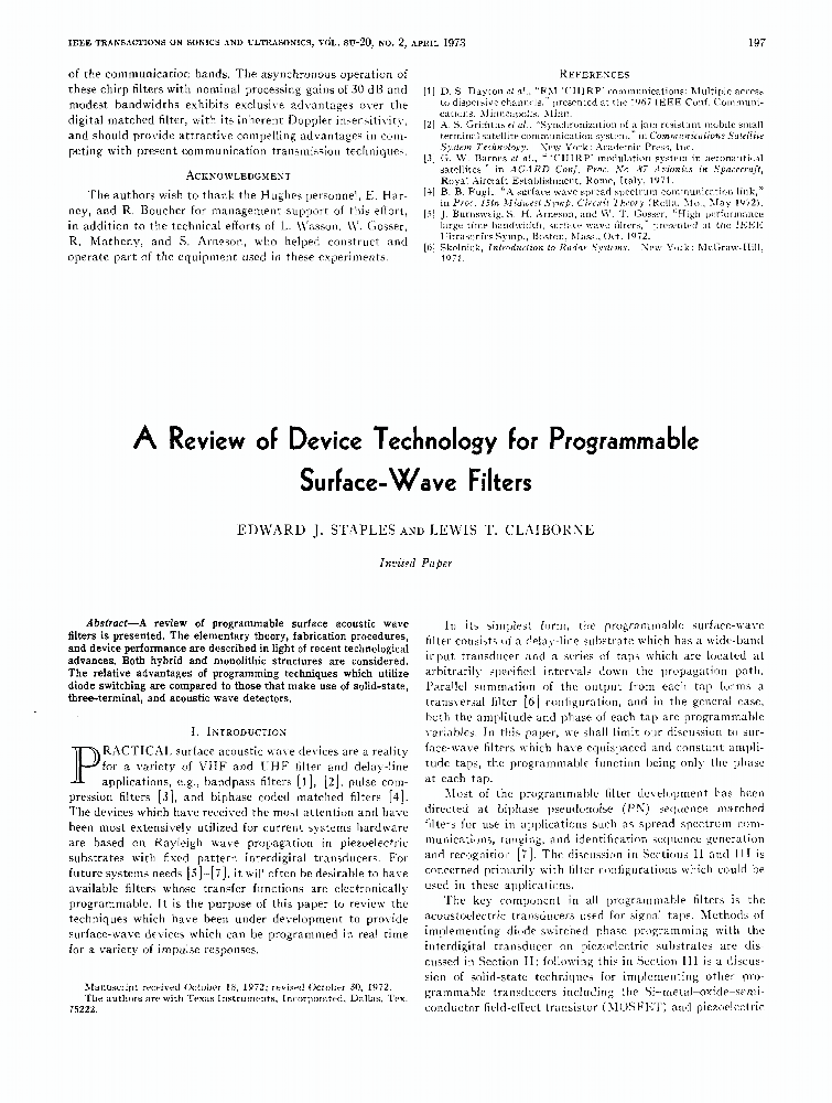 A Review of Device Technology for Programmable Surface-Wave Filters ...