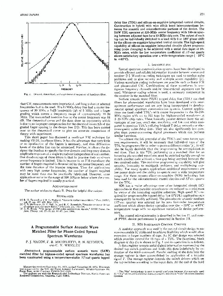 A Programmable Surface Acoustic Wave Matched Filter For Phase Coded Spread Spectrum Waveforms