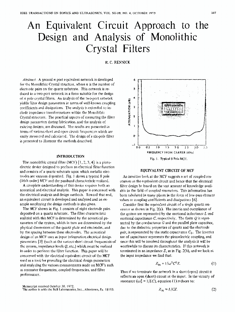 An Equivalent Circuit Approach To The Design And Analysis Of Monolithic Crystal Filters Ieee