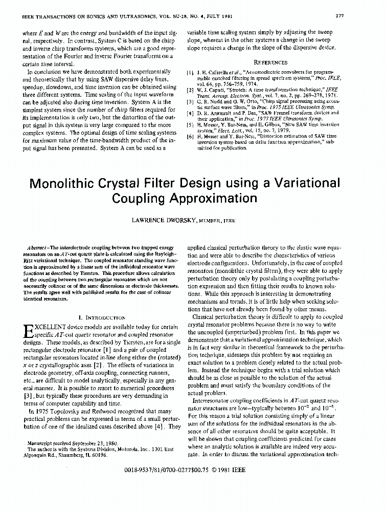 Monolithic Crystal Filter Design Using A Variational Coupling Approximation Ieee Journals