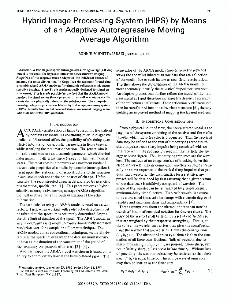 Hybrid Image Processing System (HIPS) by Means of an Adaptive Autoregressive Moving Average ...