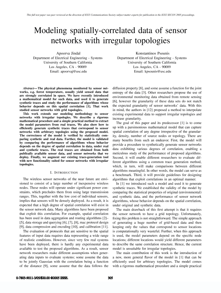 Modeling spatially-correlated data of sensor networks with irregular topologies | IEEE ...