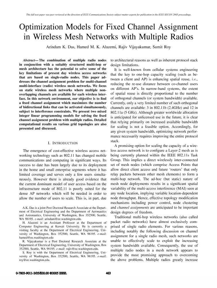 Optimization models for fixed channel assignment in wireless mesh networks with multiple radios ...