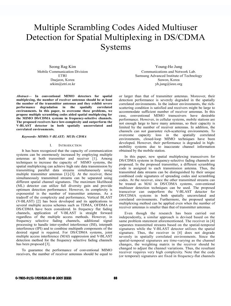 Multiple scrambling codes aided multiuser detection for spatial multiplexing in DS/CDMA systems ...