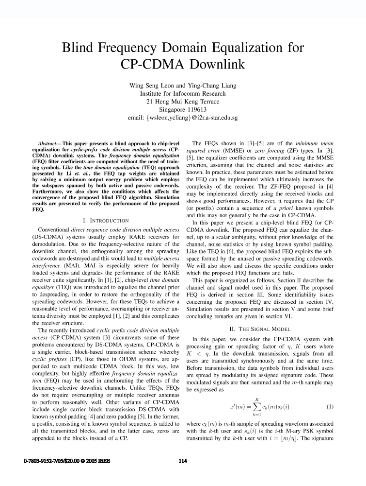 Blind frequency domain equalization for CP-CDMA downlink | IEEE Conference Publication | IEEE Xplore