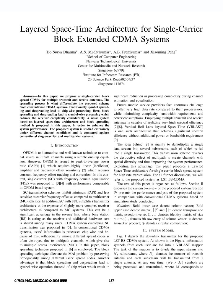 Layered space-time architecture for single-carrier block extended CDMA ...