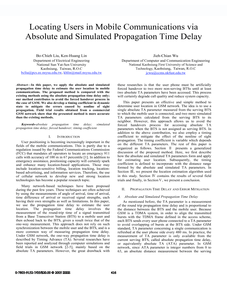 Locating Users In Mobile Communications Via Absolute And Simulated Propagation Time Delay Ieee
