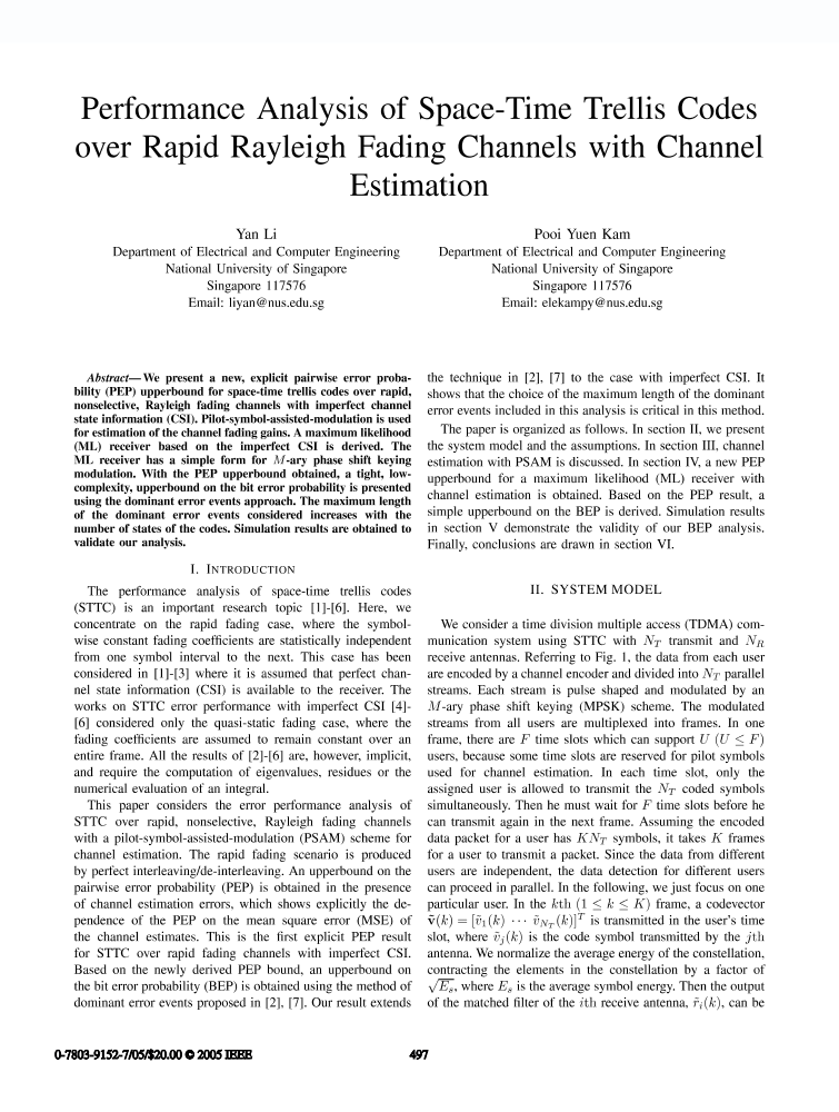 Performance analysis of space-time trellis codes over rapid rayleigh fading channels with ...