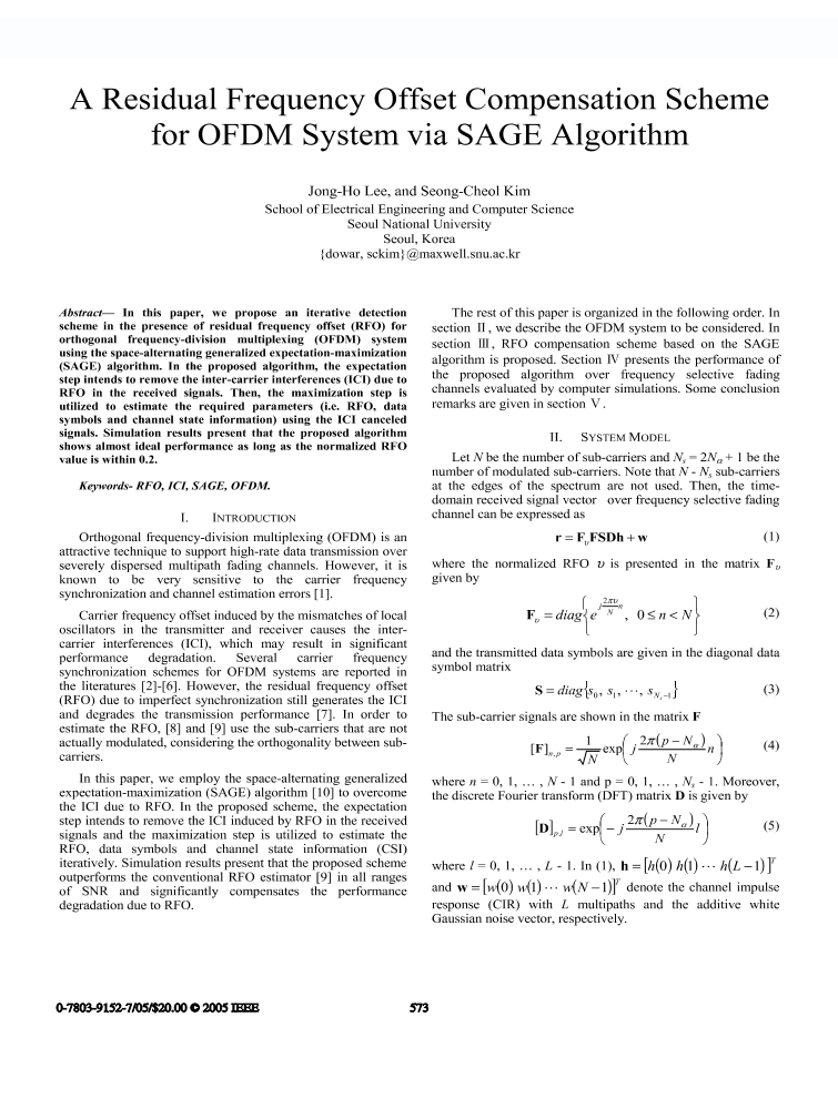 A residual frequency offset compensation scheme for OFDM system via SAGE algorithm | IEEE ...
