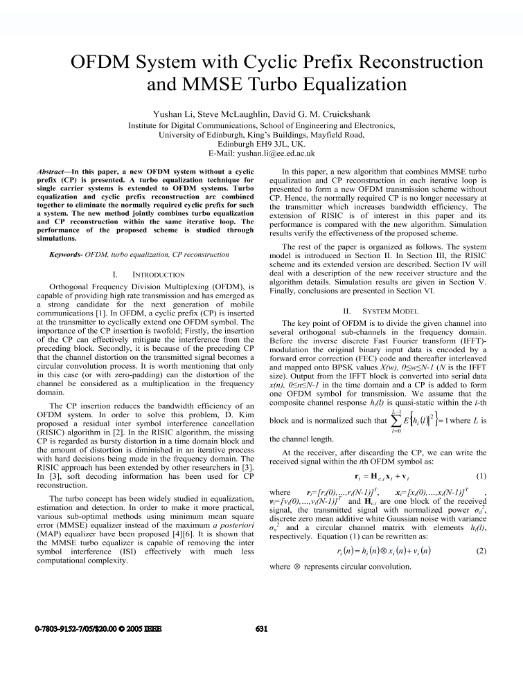 OFDM system with cyclic prefix reconstruction and MMSE turbo ...