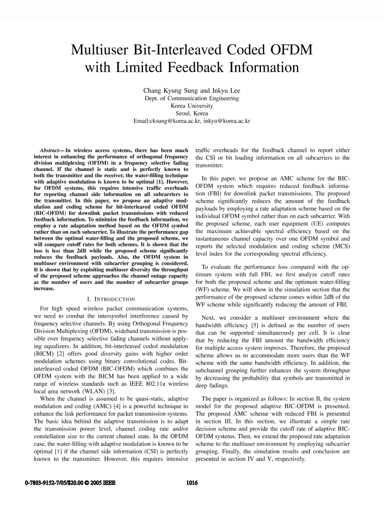 Multiuser bit-interleaved coded OFDM with limited feedback information | IEEE Conference ...