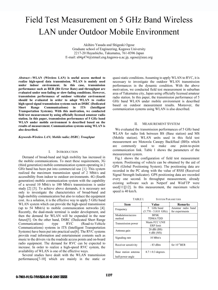 Field test measurement on 5 GHz band wireless LAN under outdoor mobile ...
